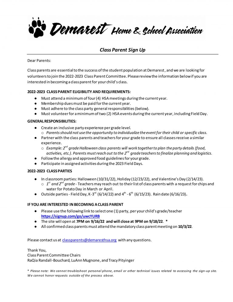Class Parent Information/Sign Ups – Demarest Home and School Association